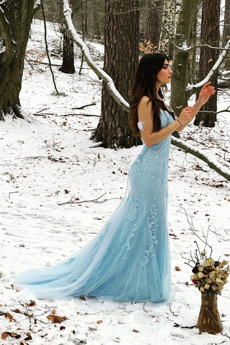 Light Blue Tulle Mermaid Lace Long Prom Dresses with Train, Mermaid Li – Lwt Dress