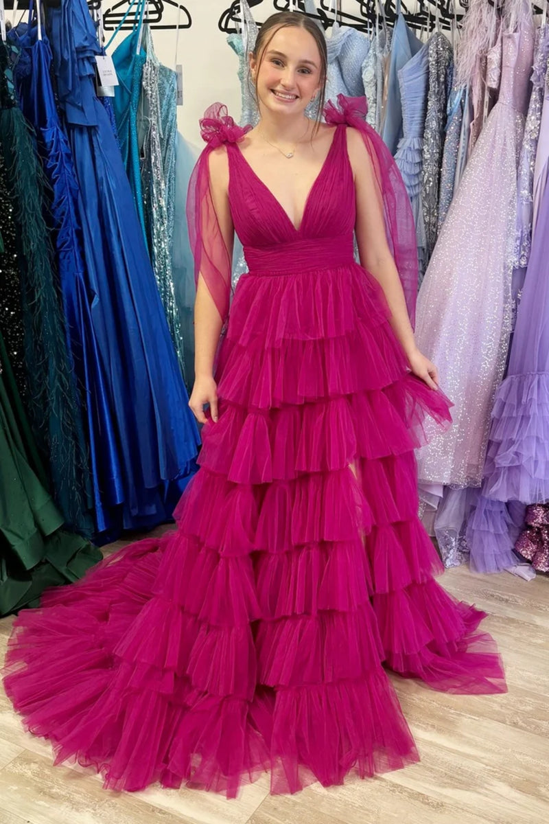 Maroon V Neck Layered Tulle Long Prom Dresses V Neck Maroon Formal Dr