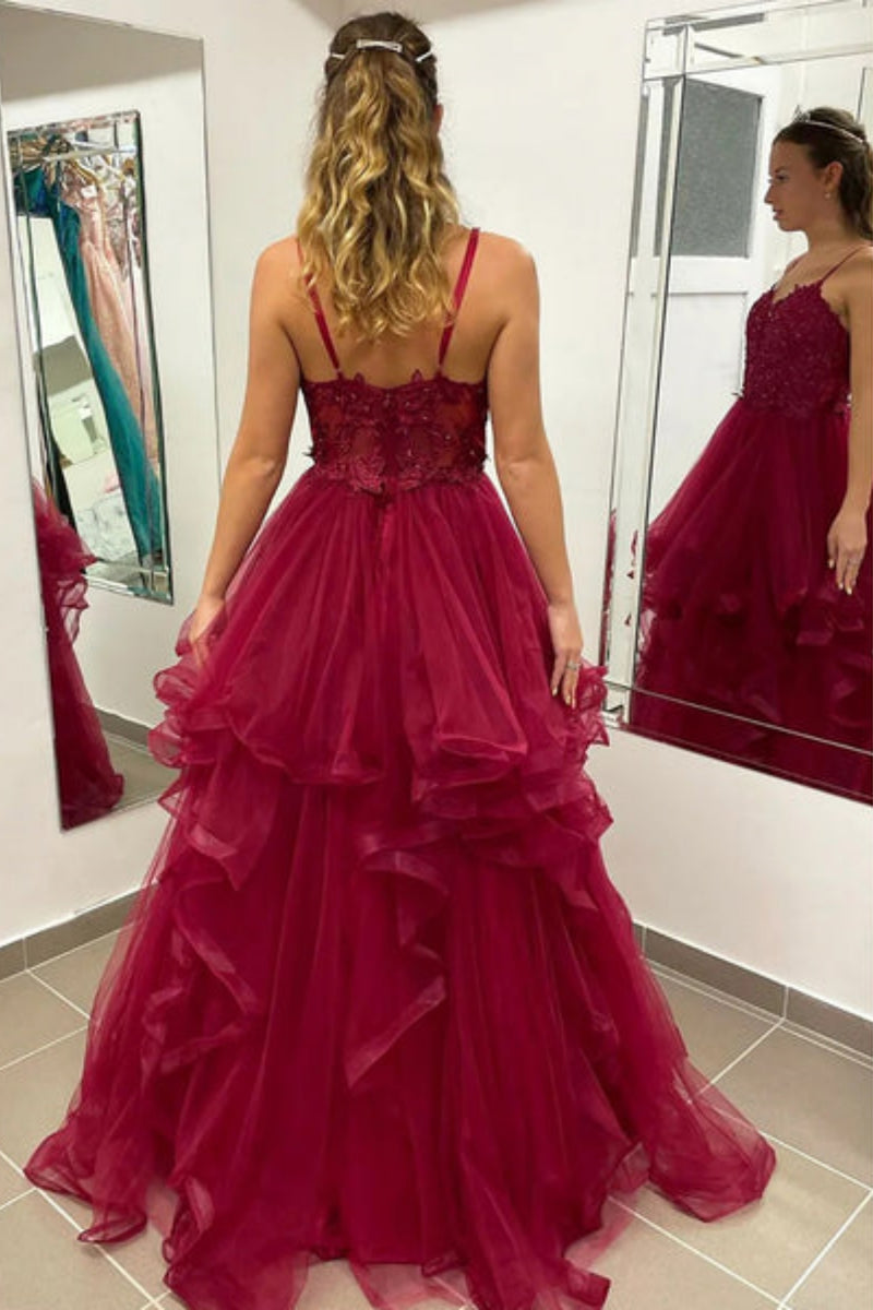 Maroon V Neck Open Back Lace Long Prom Dresses Maroon Lace Formal Gra