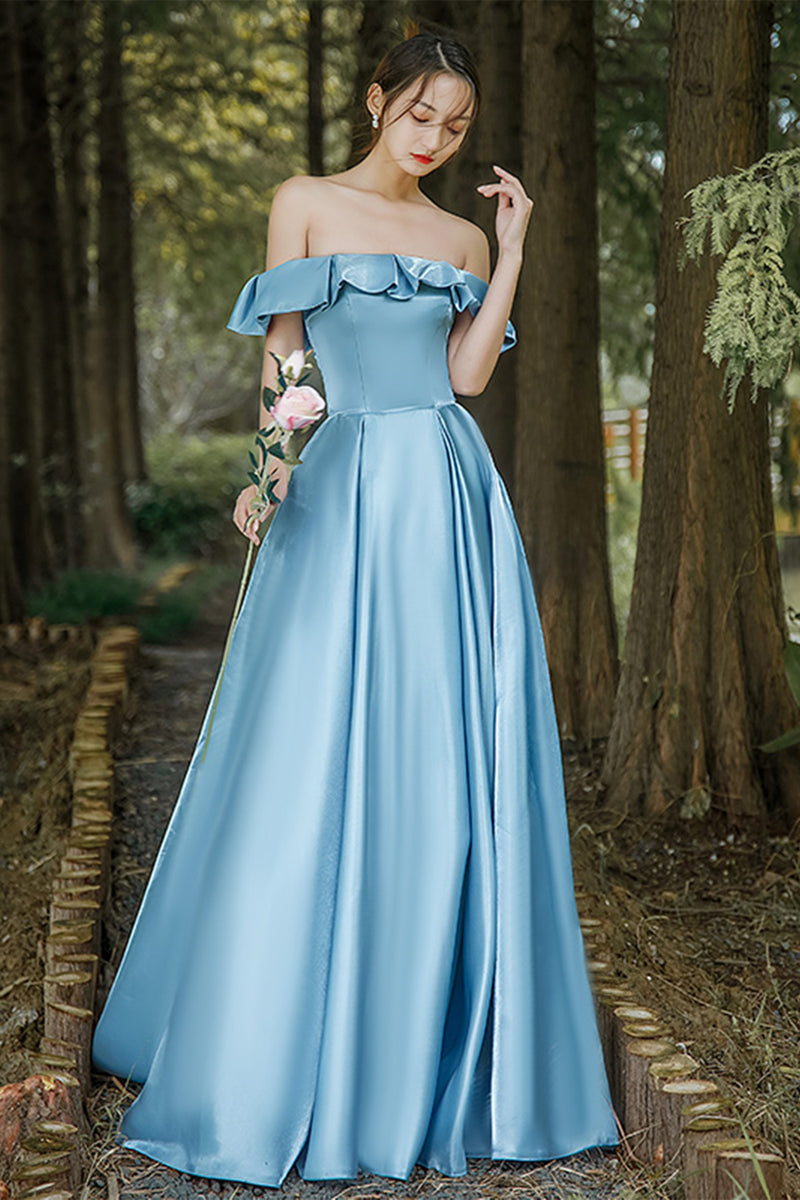 Elegant Off Shoulder Light Blue Satin Long Prom Dresses, Off the Shoul – Lwt Dress