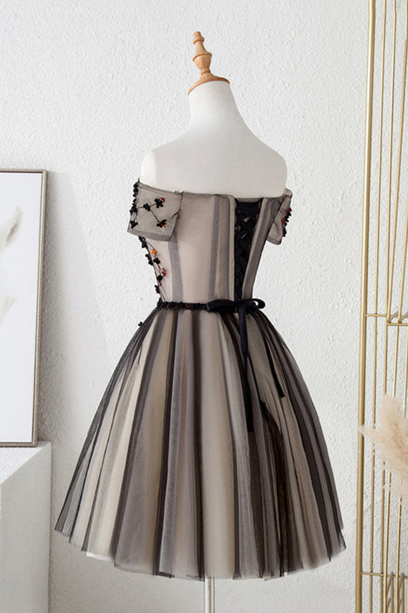 Black Cute Off the Shoulder Floral Prom Dresses, Short Black Homecomin ...