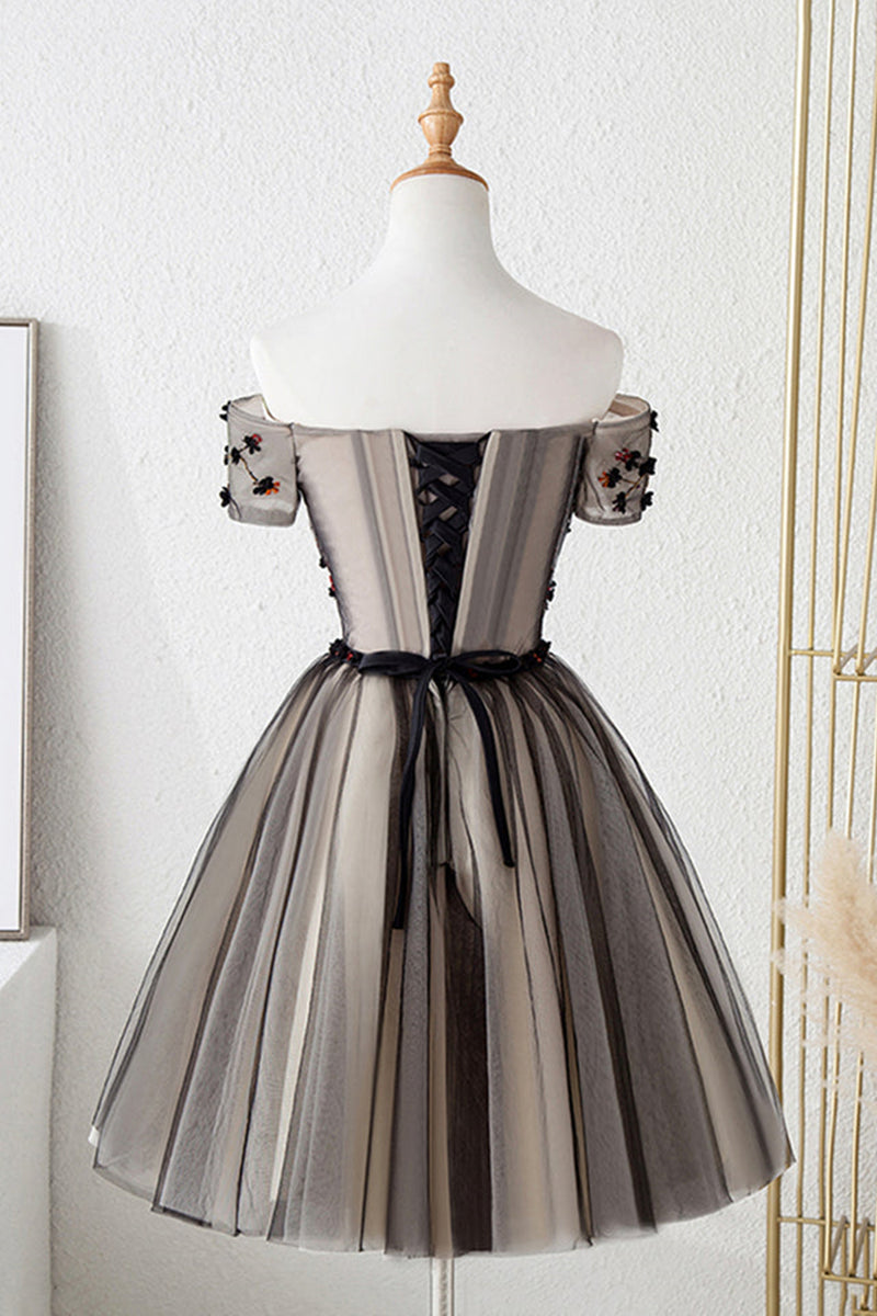 Black Cute Off the Shoulder Floral Prom Dresses, Short Black Homecomin ...