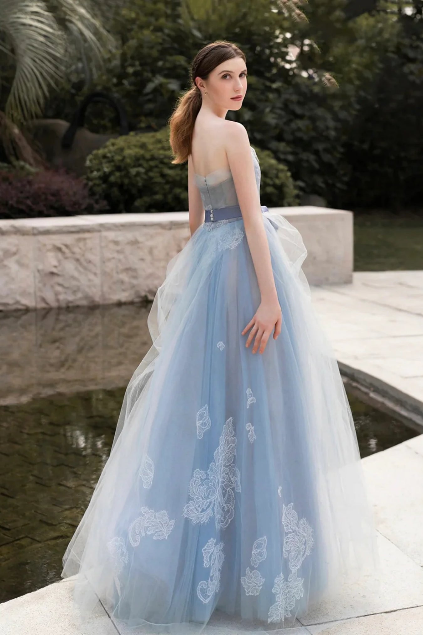 Blue Lace Strapless A Line Long Prom Dresses, Blue Lace Formal Dresses ...