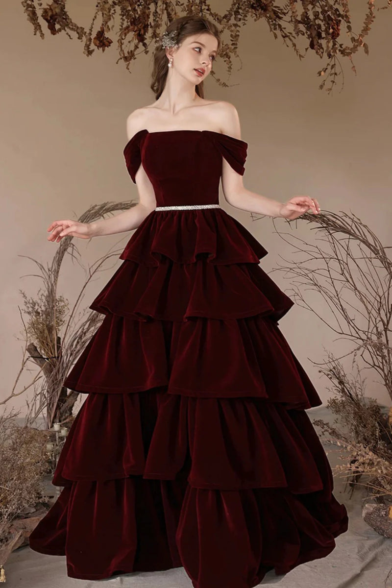 Burgundy Velvet Off Shoulder Layered Long Prom Dresses, Off the Should ...