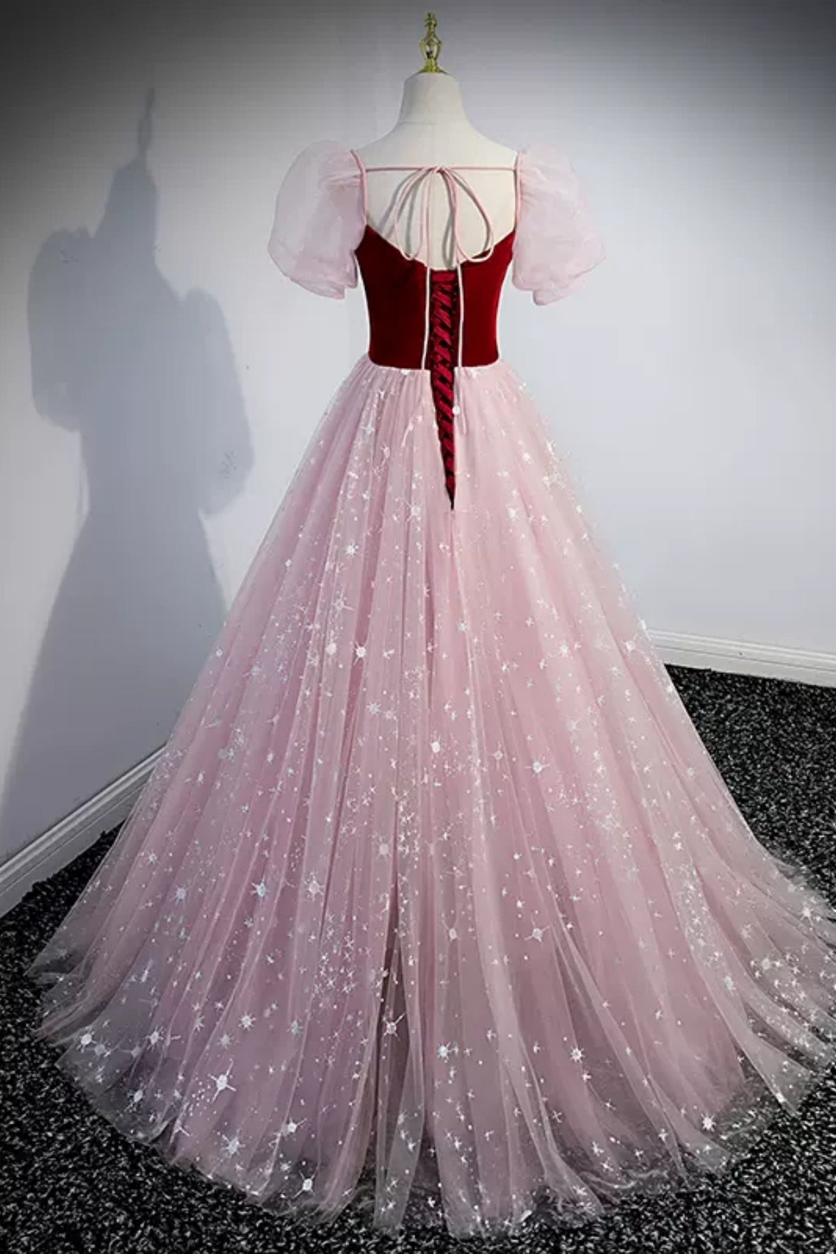 French Princess Short Sleeves Pink Long Prom Dresses, Pink Lace Formal ...