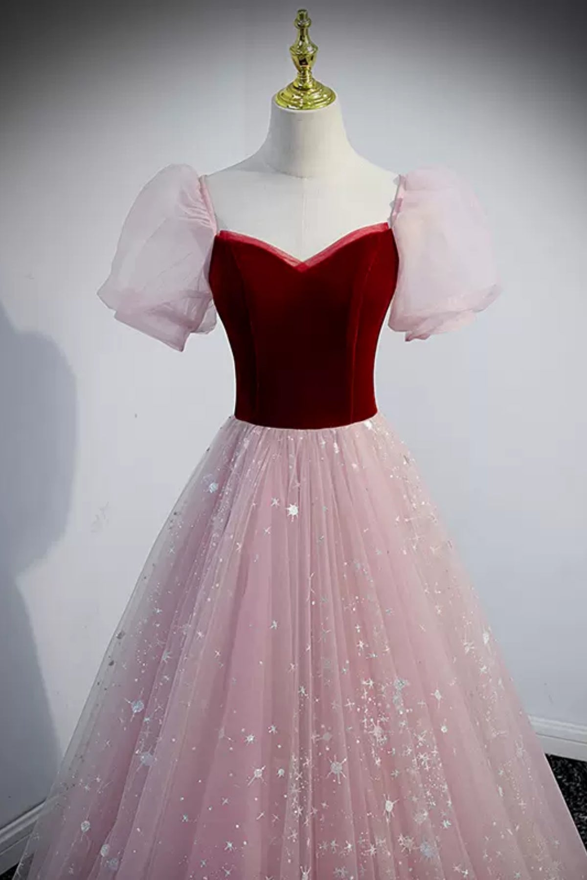 French Princess Short Sleeves Pink Long Prom Dresses, Pink Lace Formal ...