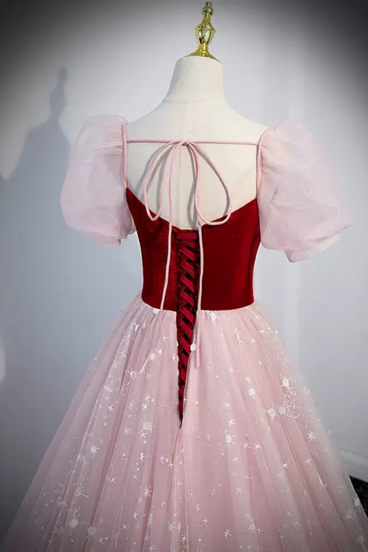 French Princess Short Sleeves Pink Long Prom Dresses, Pink Lace Formal ...