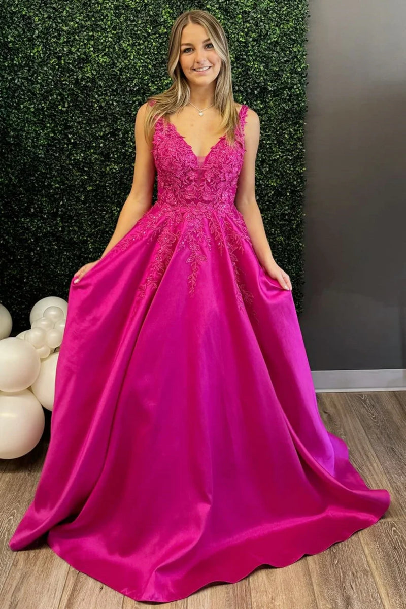 Fuchsia A Line V Neck Lace Long Prom Dresses, Fuchsia Lace Formal Grad ...