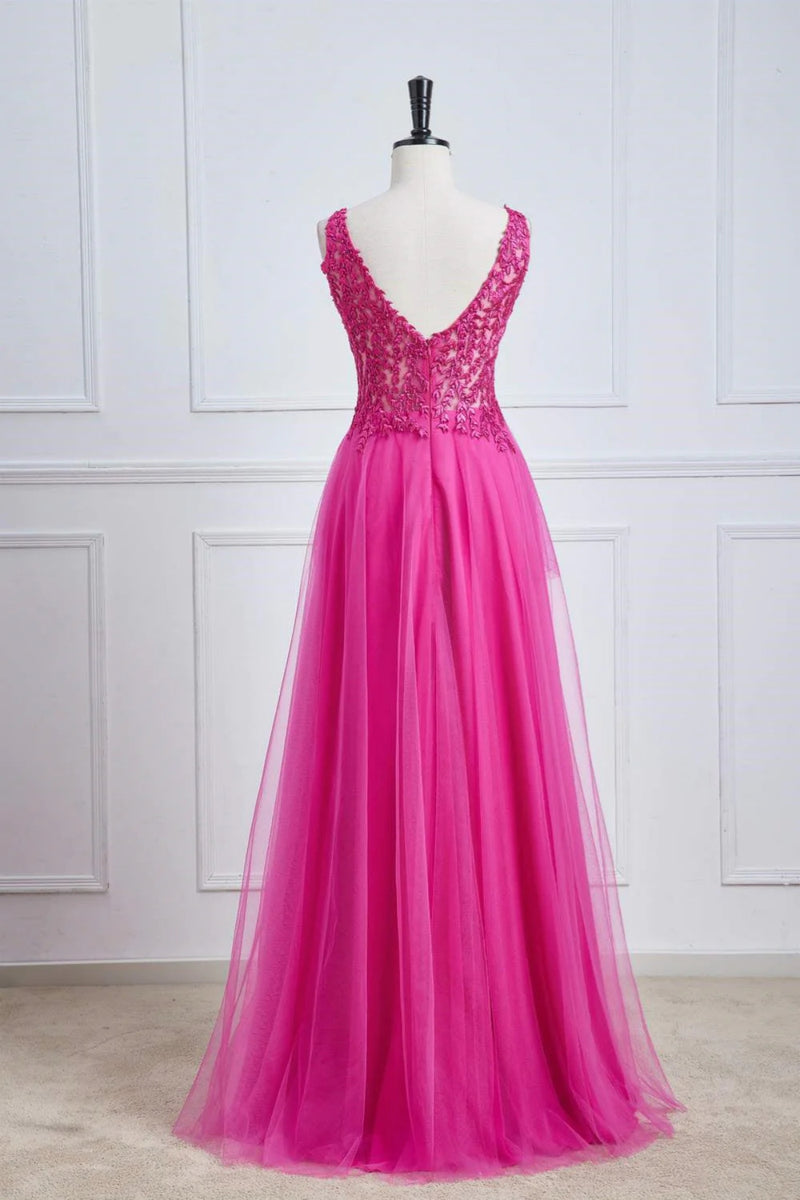 Fuchsia A Line V Neck Lace Tulle Long Prom Dresses, Fuchsia Lace Forma ...