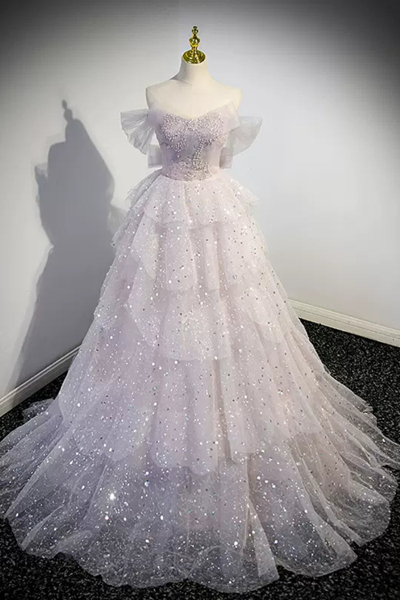 Gorgeous Off the Shoulder Beaded Long Prom Dresses, Princess Off Shoul ...