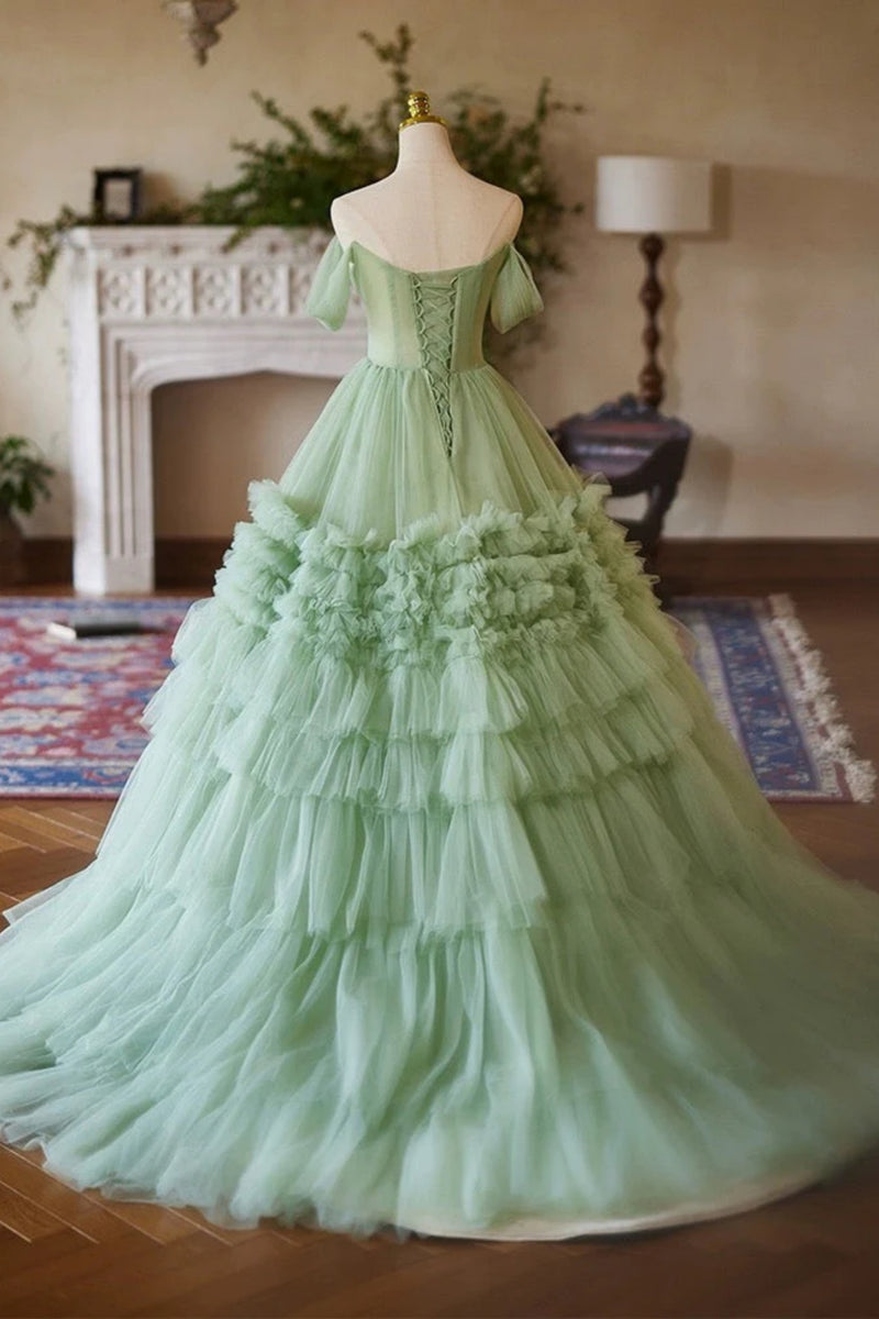 Green Tulle Off Shoulder Layered Long Prom Dresses, Off the Shoulder F ...