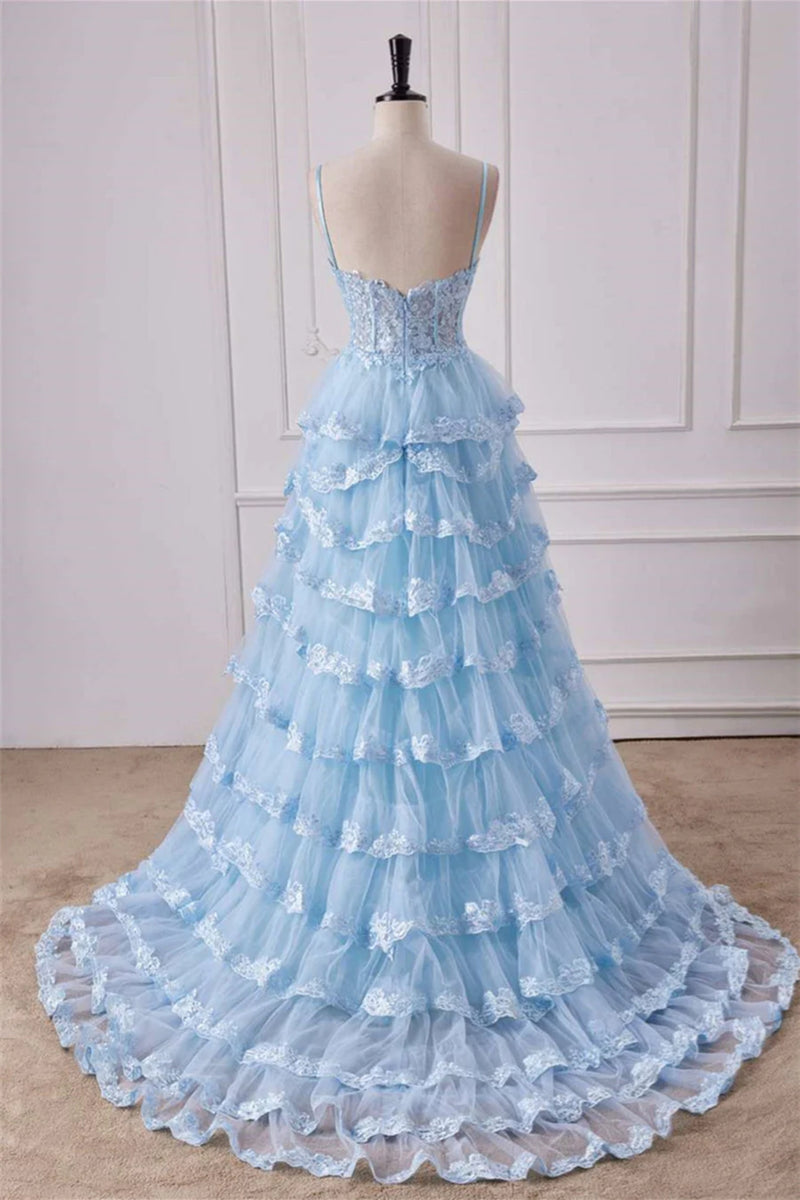 Light Blue Lace V Neck Open Back Layered Long Prom Dresses with Side S ...