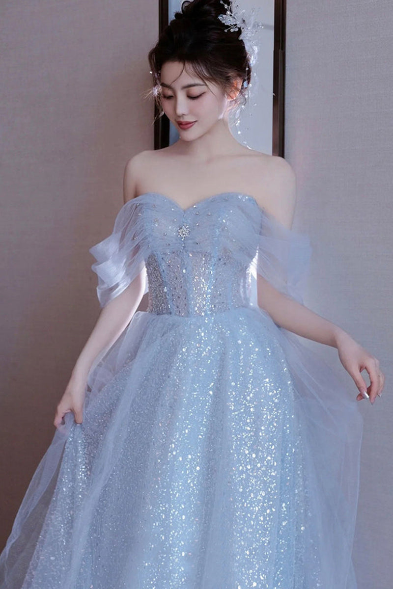 Light Blue Sequins Off the Shoulder Tulle Long Prom Dresses, Off Shoul ...