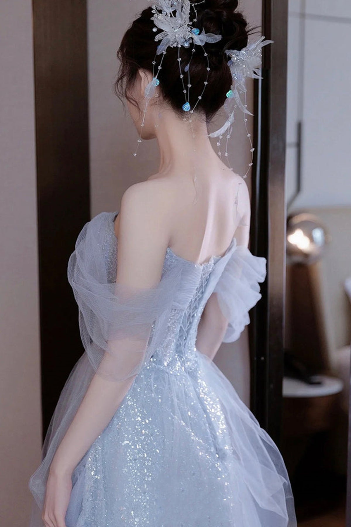 Light Blue Sequins Off the Shoulder Tulle Long Prom Dresses, Off Shoul ...