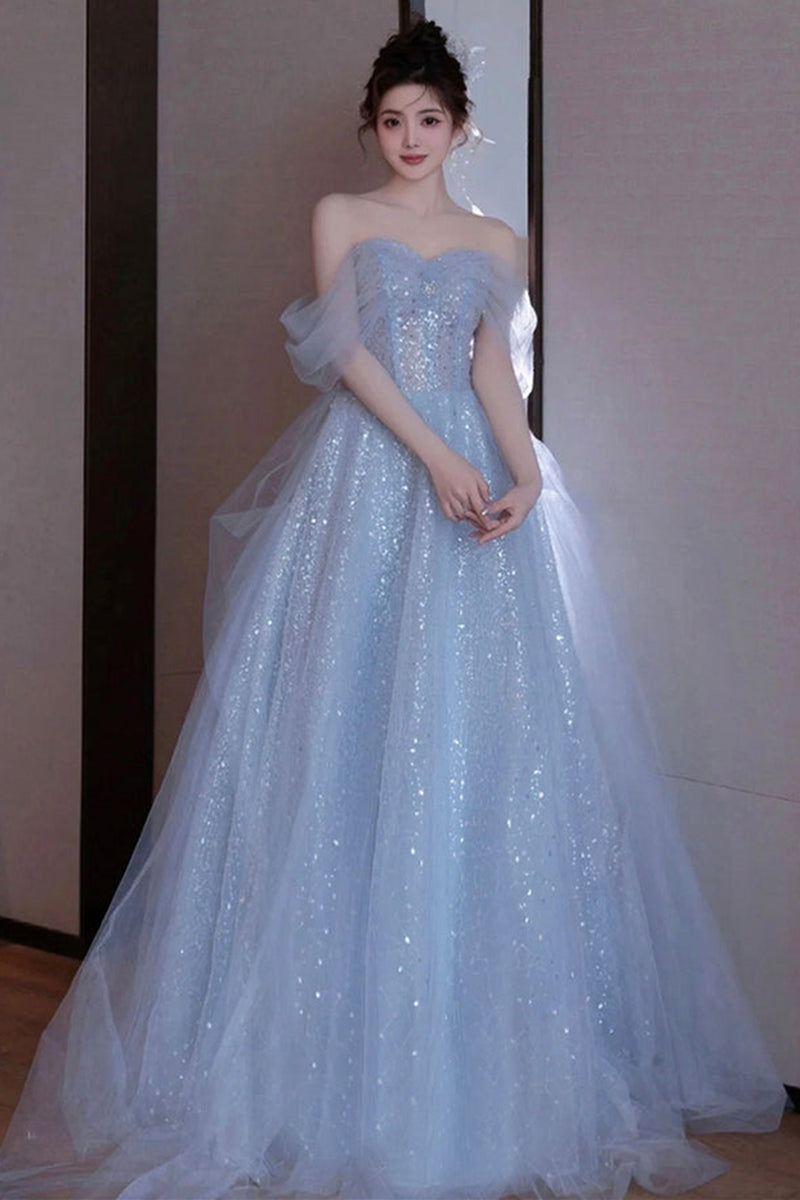Light Blue Sequins Off the Shoulder Tulle Long Prom Dresses, Off Shoul ...