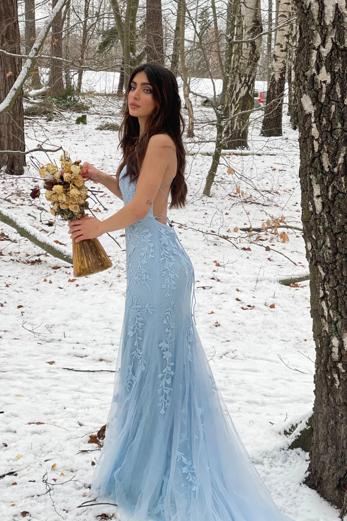 Light Blue Tulle Mermaid Lace Long Prom Dresses with Train, Mermaid Li ...