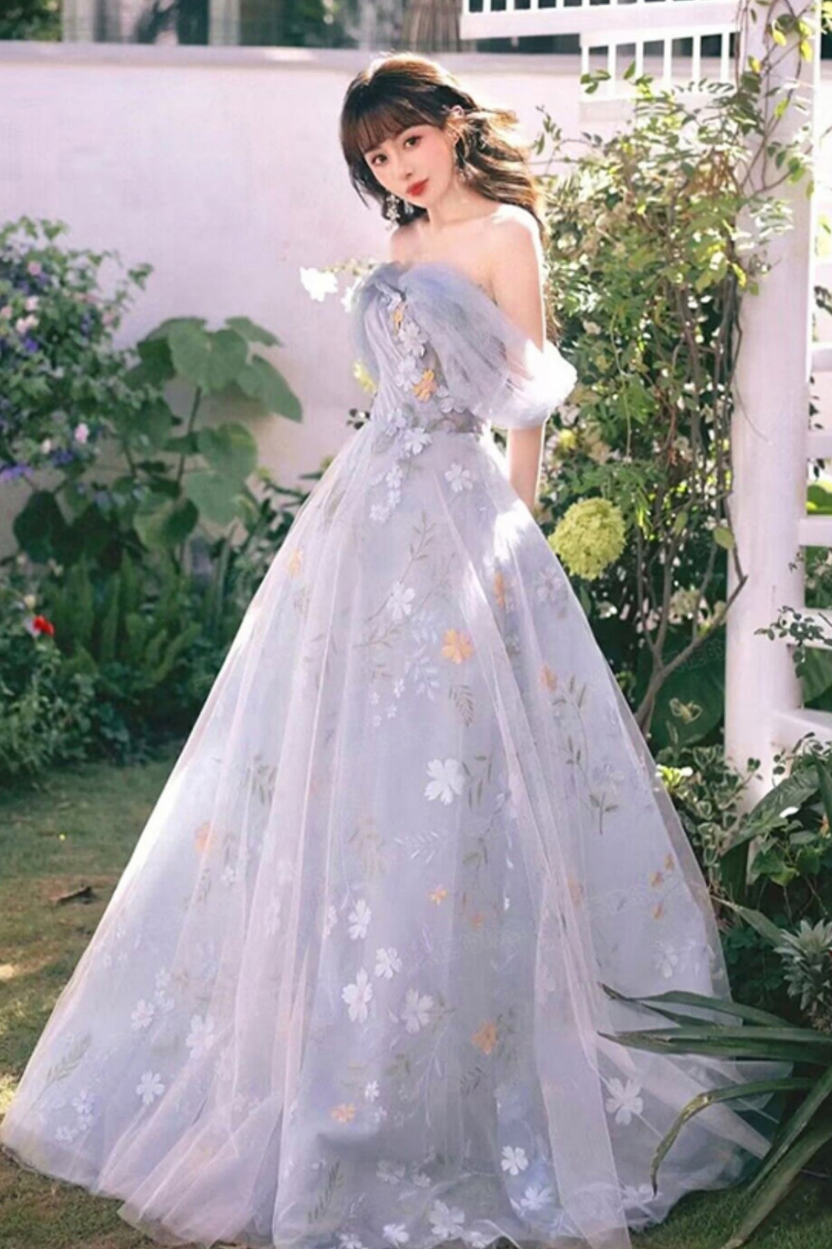 Light Blue Tulle Off the Shoulder Floral Long Prom Dresses, Light Blue ...