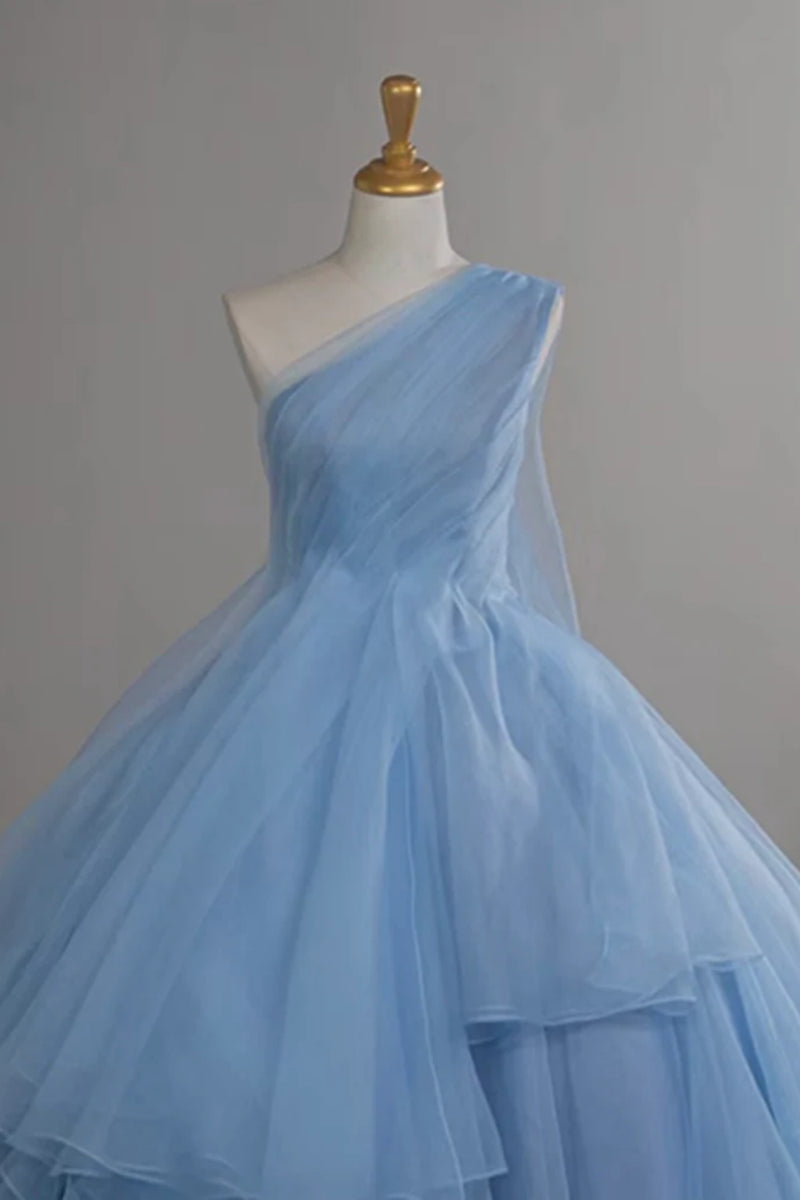Light Blue Tulle One Shoulder Layered Long Prom Dresses, Light Blue Fo ...