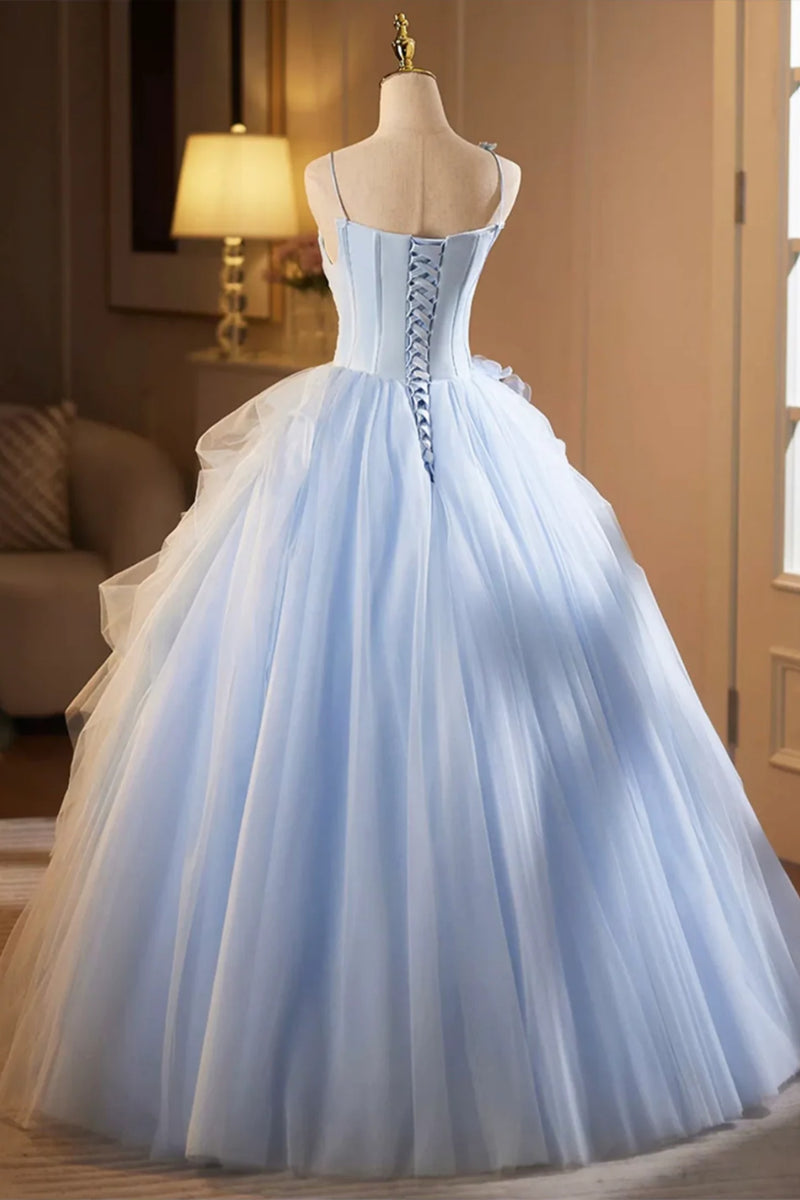 Light Blue Tulle Spaghetti Straps Long Prom Dresses, Light Blue Formal ...
