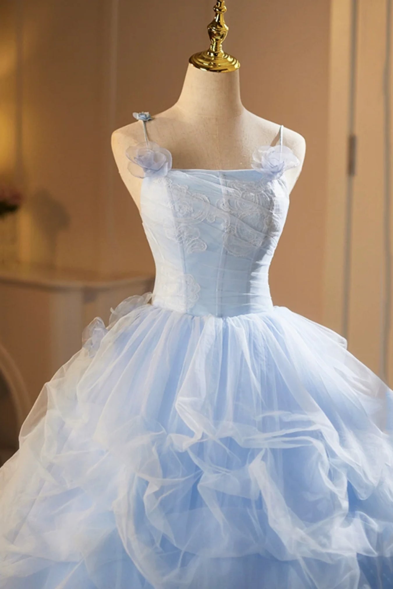 Light Blue Tulle Spaghetti Straps Long Prom Dresses, Light Blue Formal ...