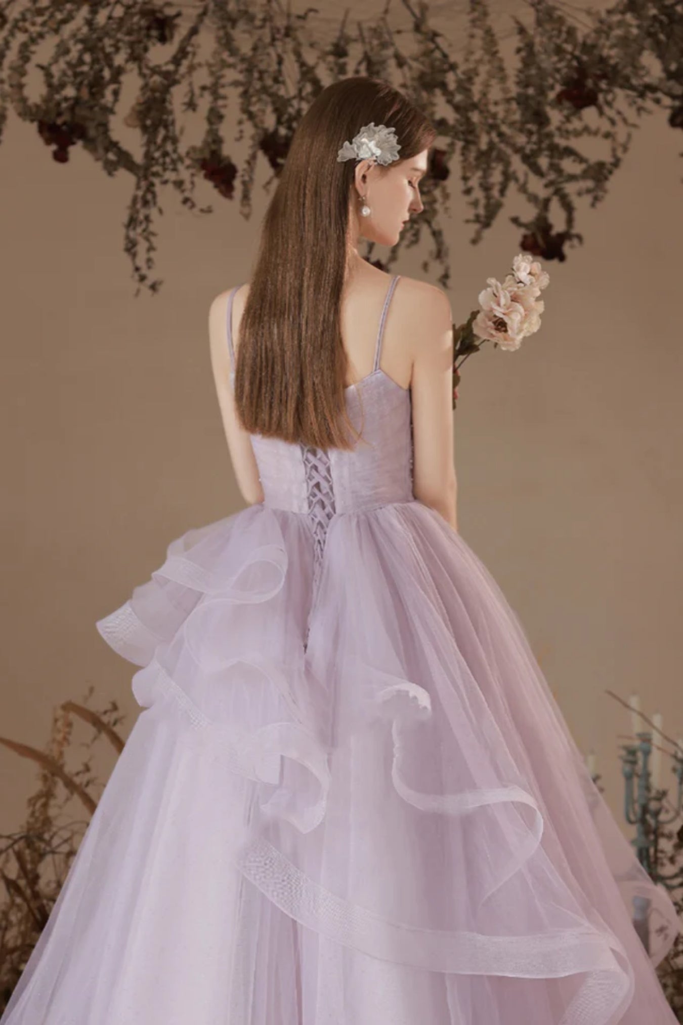Light Purple V Neck Beaded Tulle Long Prom Dresses, Light Purple Forma ...