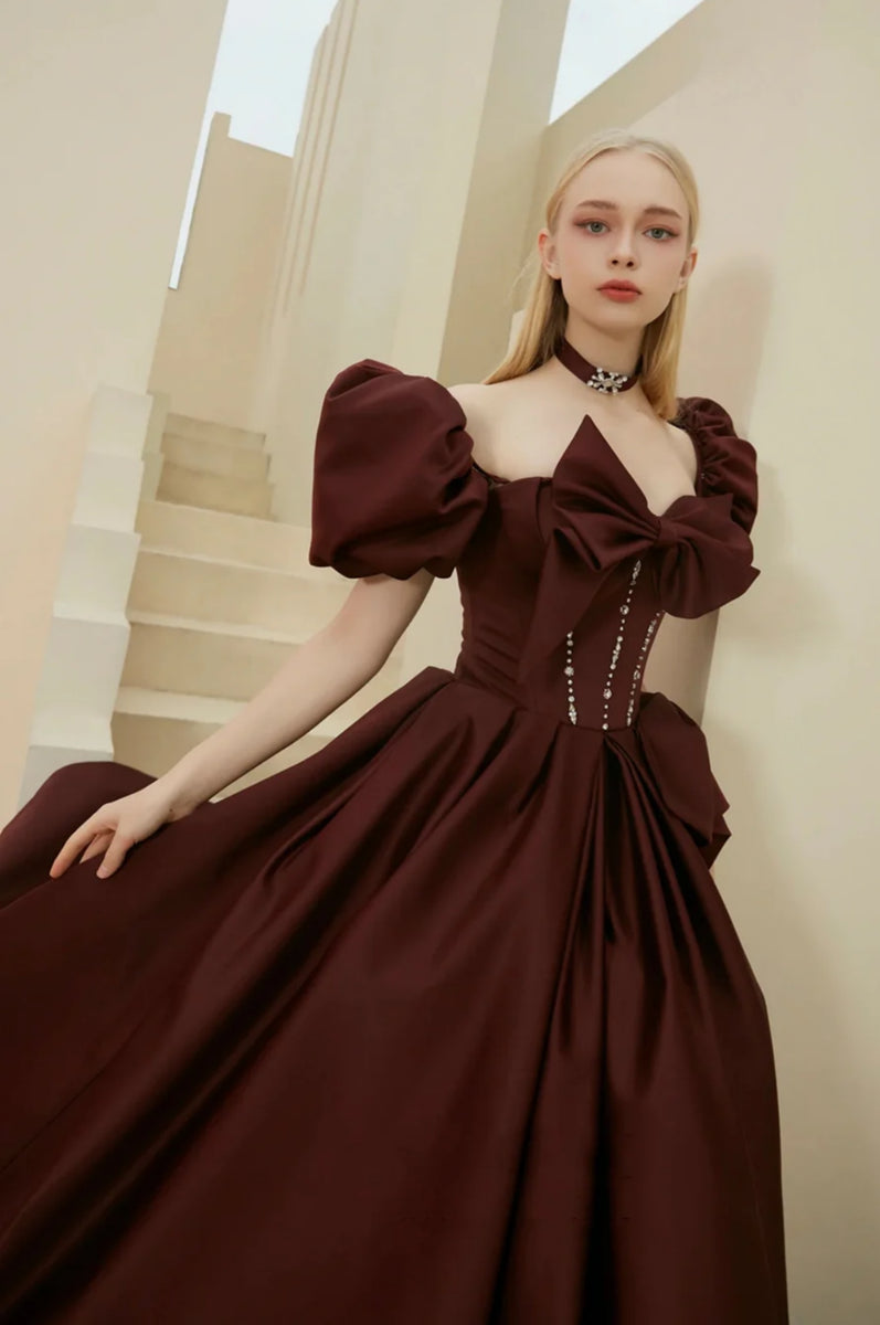 Maroon Satin Gorgeous Puff Short Sleeves Long Prom Dresses, Long Maroo ...