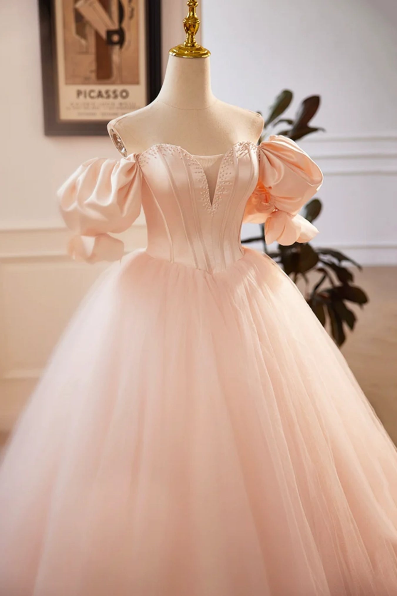 Pink Tulle Off Shoulder Short Sleeves Long Prom Dresses, Off the Shoul ...