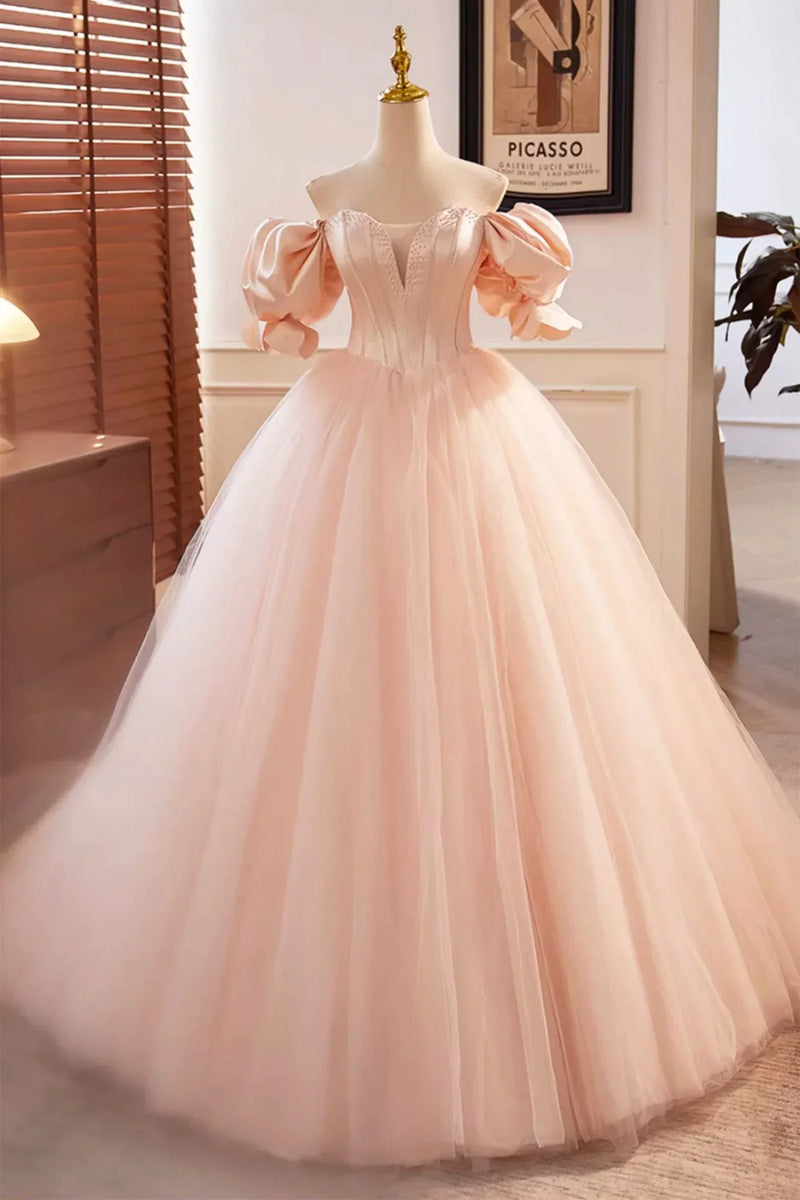 Pink Tulle Off Shoulder Short Sleeves Long Prom Dresses, Off the Shoul ...