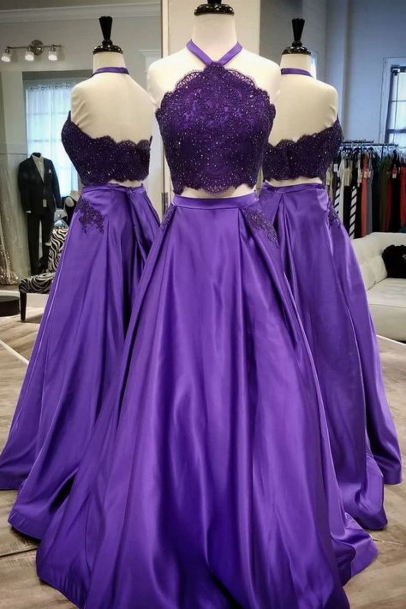 Purple Satin Halter Neck Two Pieces Lace Long Prom Dresses, Purple Lac ...