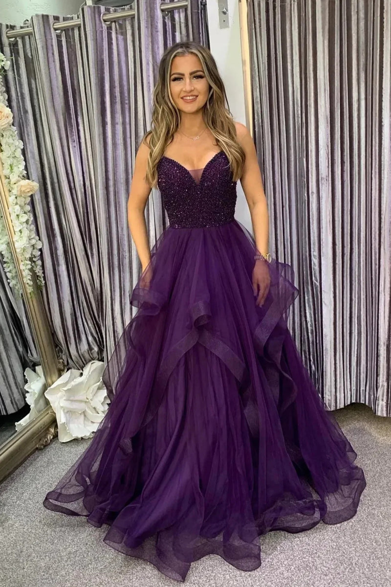 Purple Tulle A Line V Neck Beaded Long Prom Dresses, Fluffy Purple Tul ...