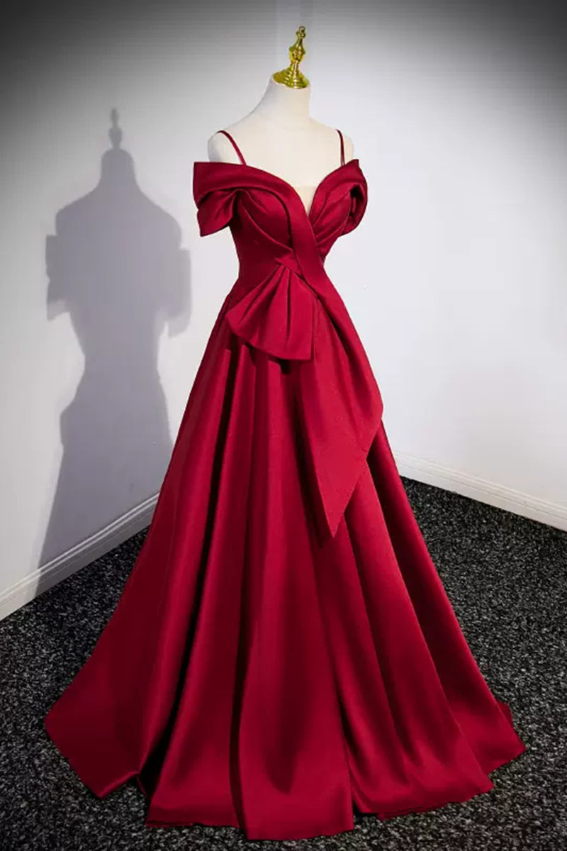 Red Satin Off Shoulder Long Prom Dresses, Off the Shoulder Formal Dres ...