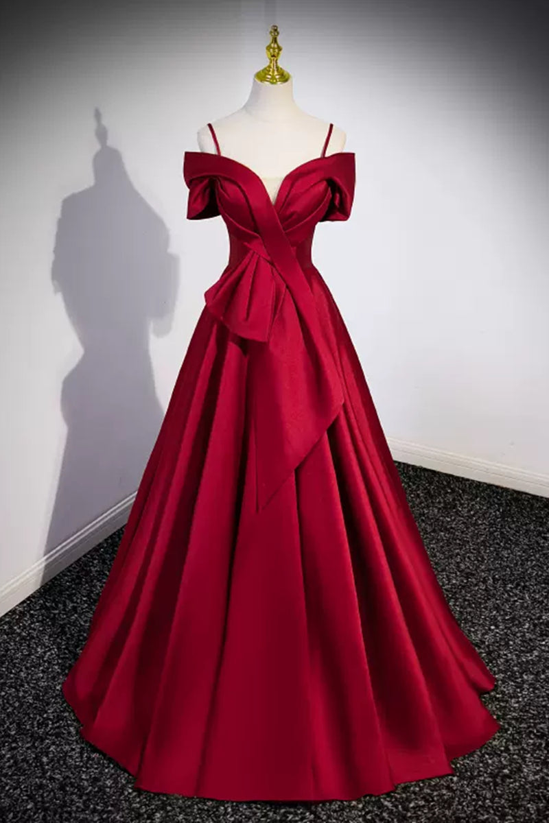 Red Satin Off Shoulder Long Prom Dresses, Off the Shoulder Formal Dres ...