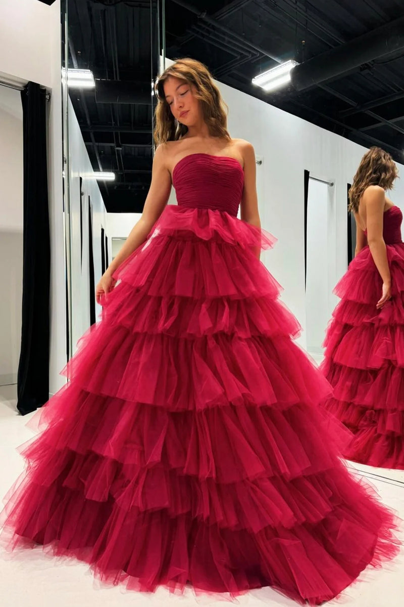 Red Tulle Strapless Layered Long Prom Dresses, Red Tulle Formal Evenin ...