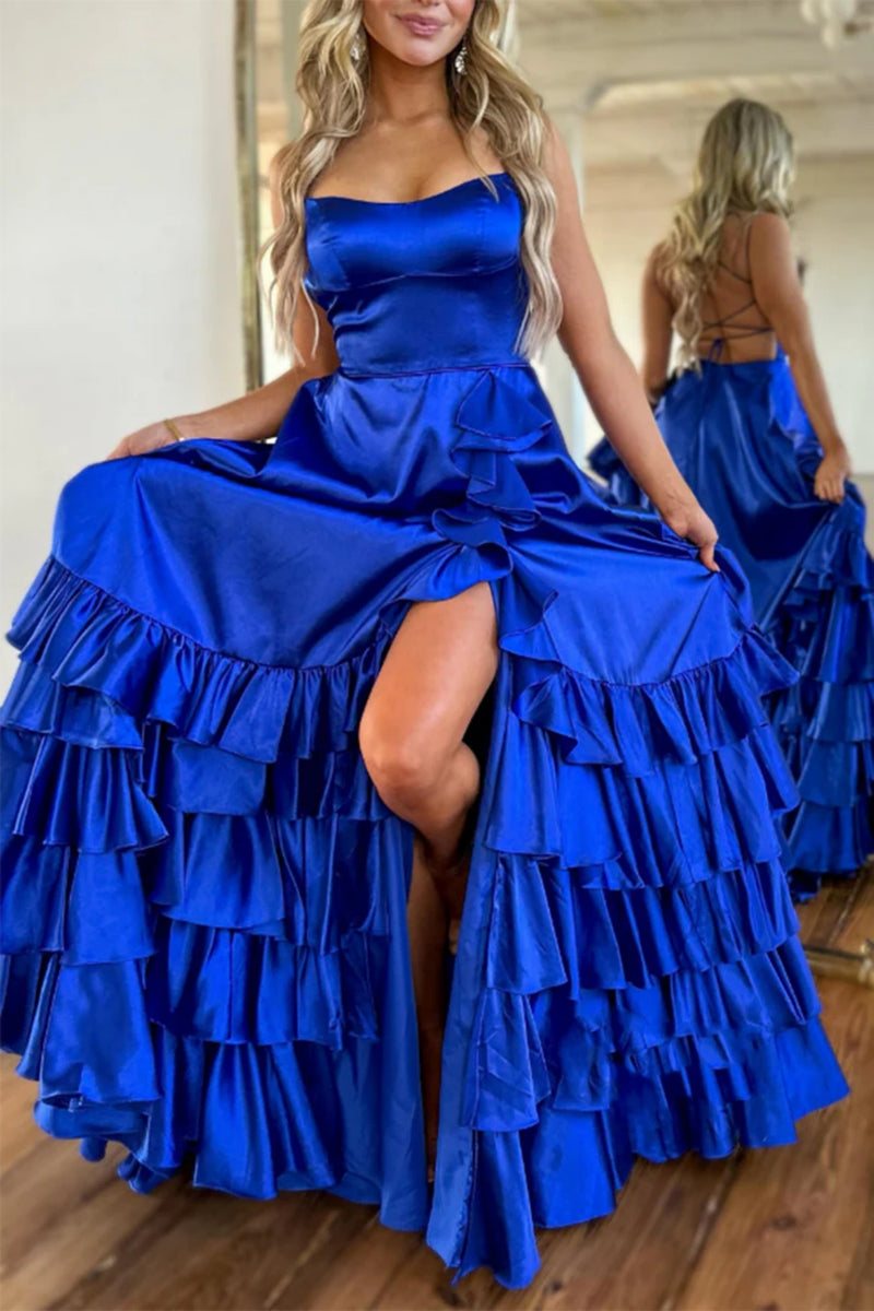 Royal Blue Satin Open Back Strapless Long Prom Dresses with High Slit ...