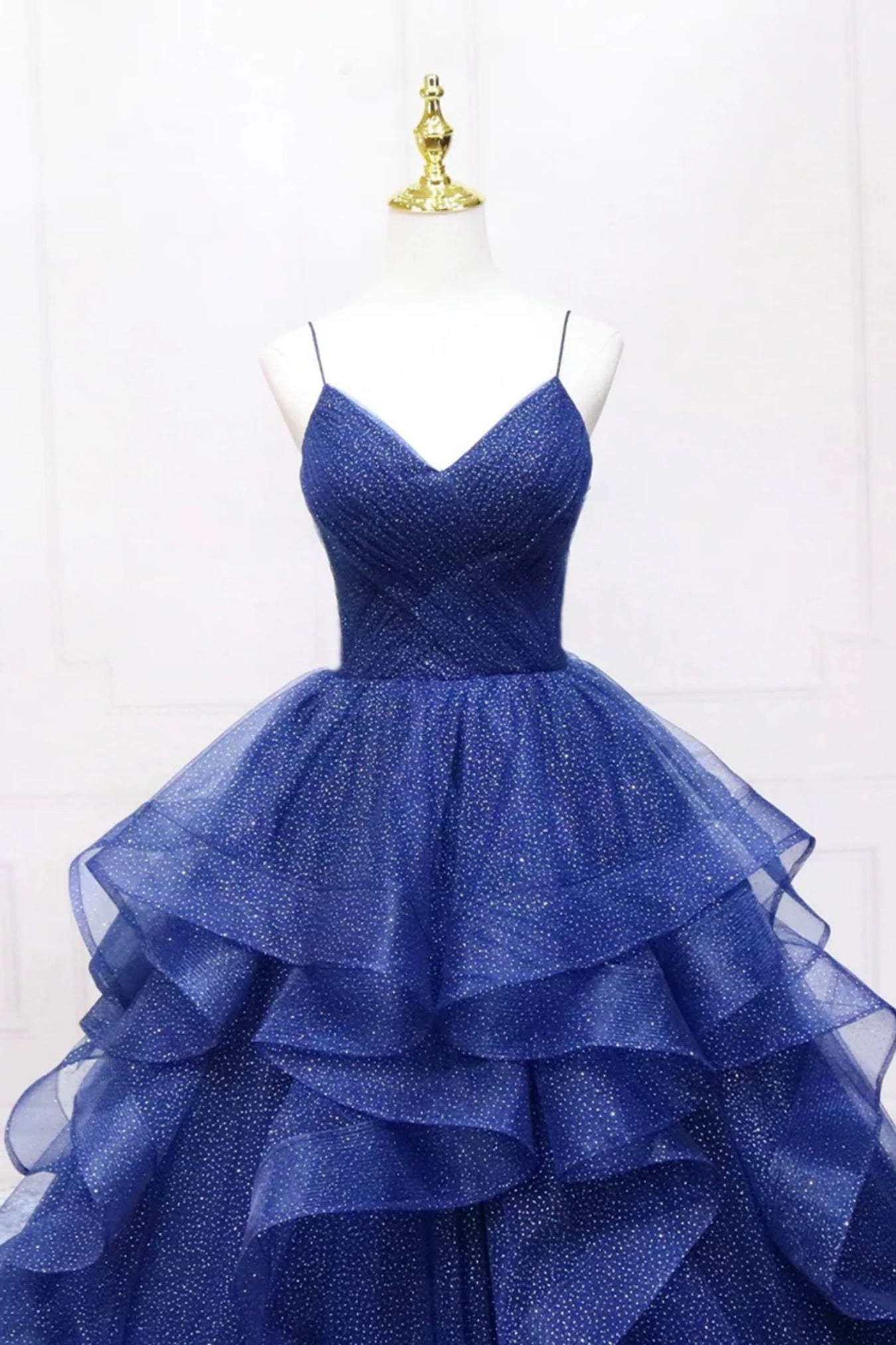 Shiny Navy Blue Tulle A Line V Neck Fluffy Long Prom Dresses, Navy Blu ...