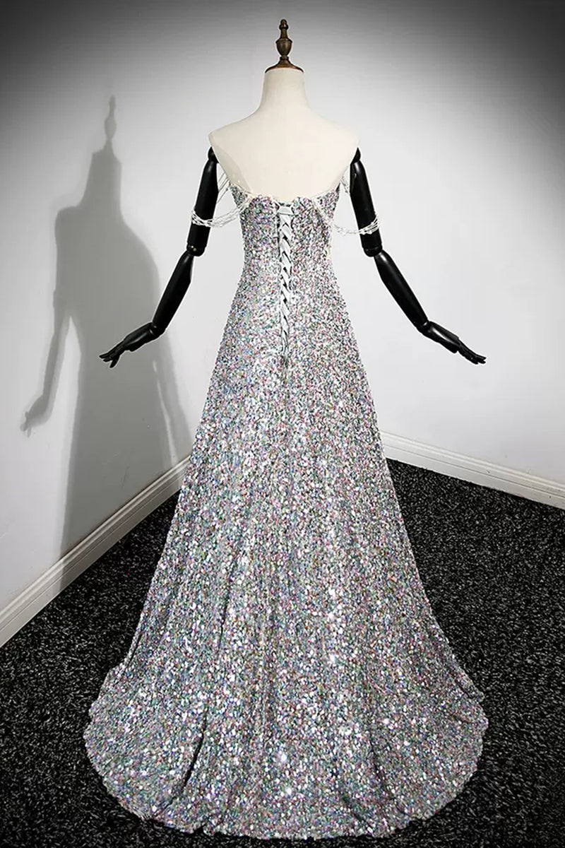 Shiny Sequins Off the Shoulder Long Prom Dresses, Beaded Formal Gradua ...