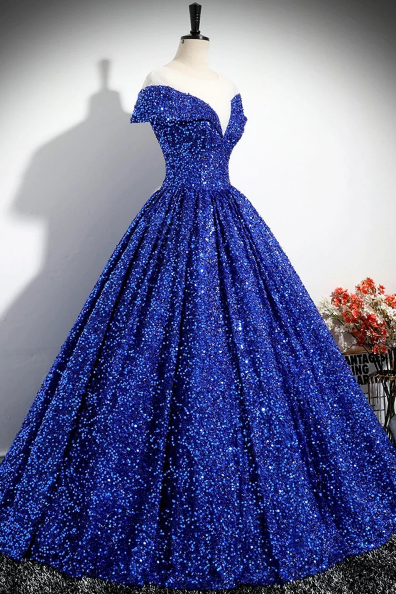 Shiny Sequins Off the Shoulder Royal Blue Long Prom Dresses, Off Shoul ...