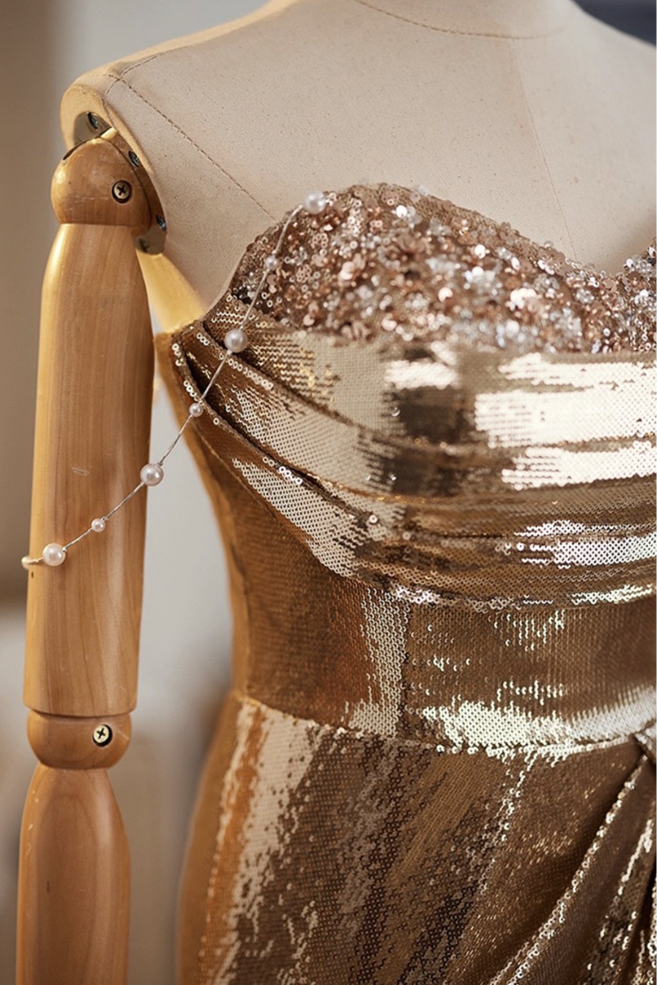 Shiny Strapless Golden Long Prom Dresses, Off the Shoulder Gold Formal ...