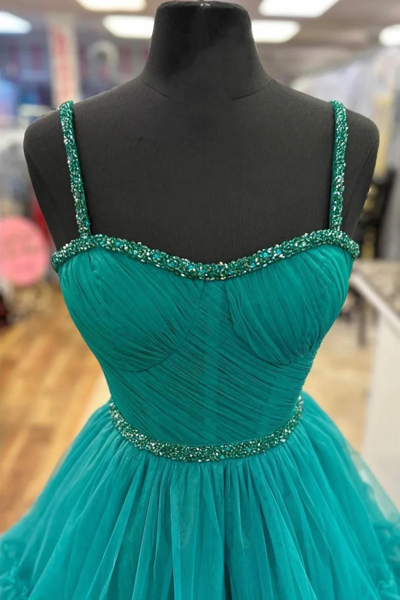 Turquoise Tulle A Line Tiered Ruffle Sweetheart Neck Long Prom Dresses ...