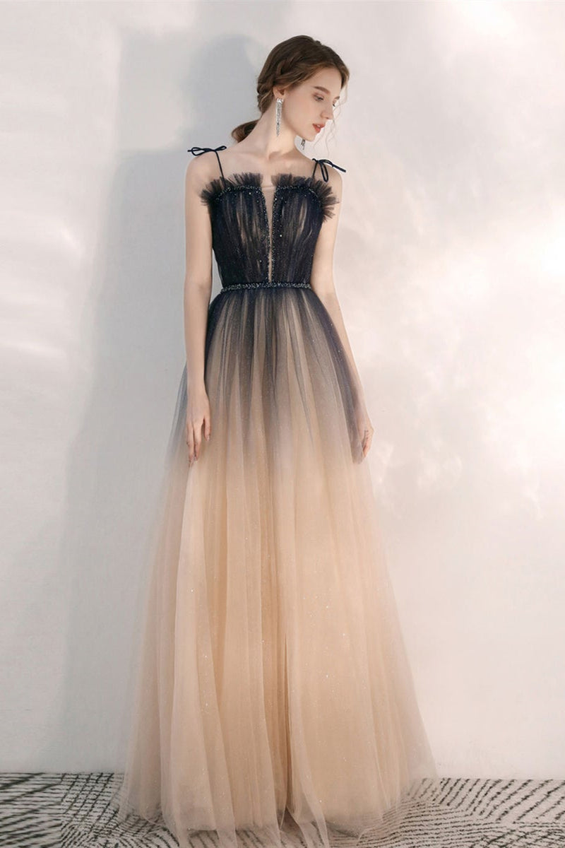 A Line Thin Straps Ombre Tulle Long Prom Dresses, Long Ombre Formal Gr ...