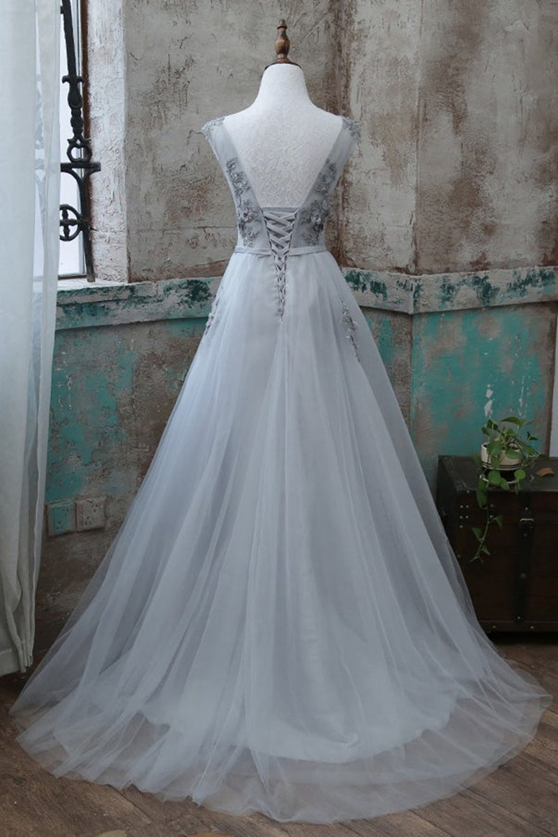 A Line V Neck Gray Lace Floral Long Prom Dresses, Gray Tulle Lace Form ...