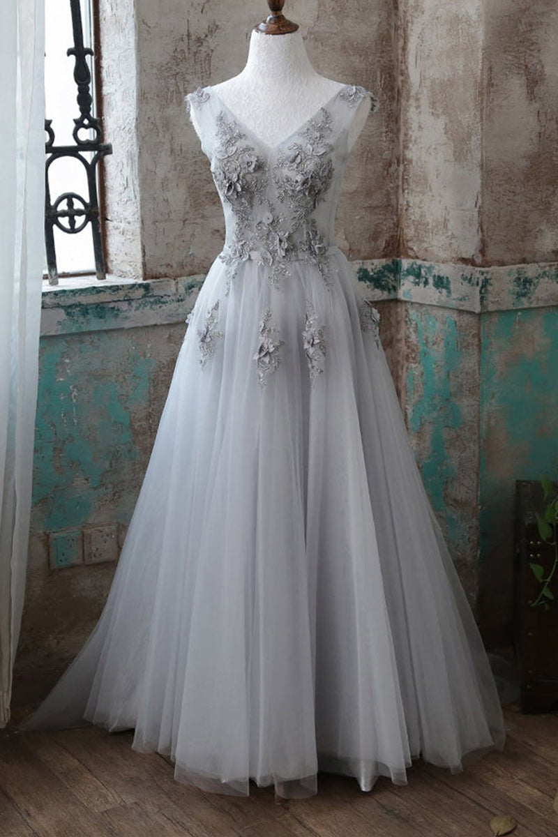 A Line V Neck Gray Lace Floral Long Prom Dresses, Gray Tulle Lace Form ...
