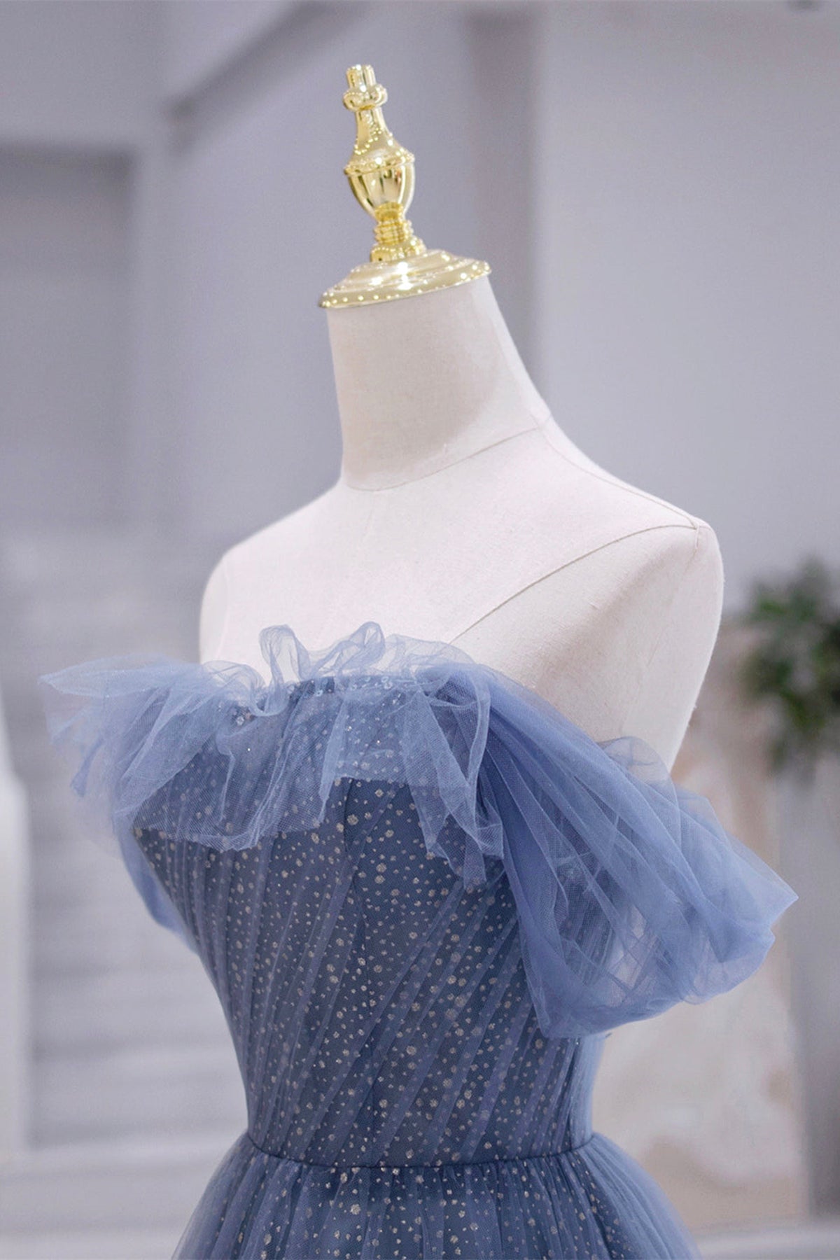 Blue Tulle A Line Off Shoulder Long Prom Dresses, Off the Shoulder Blu ...