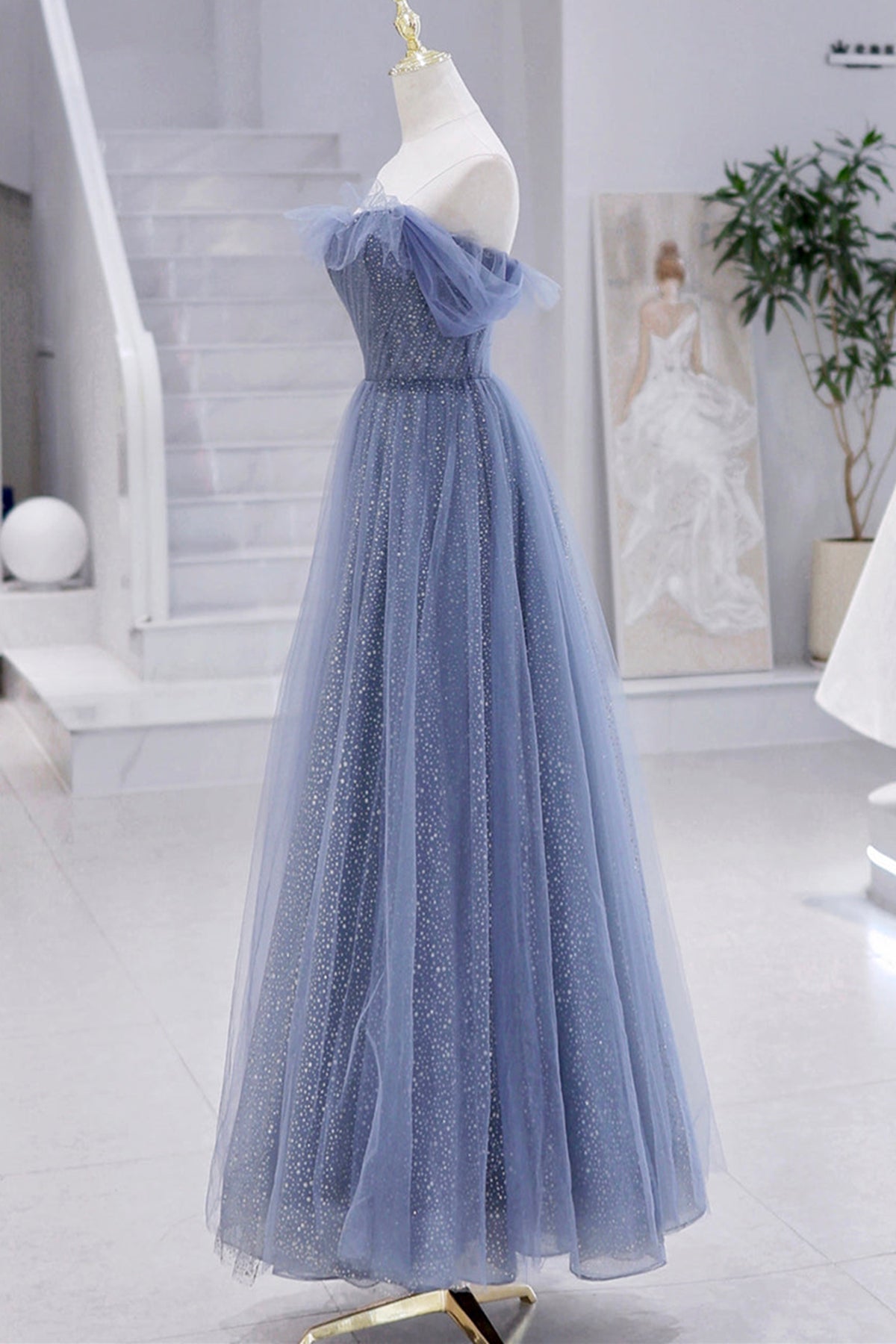 Blue Tulle A Line Off Shoulder Long Prom Dresses, Off the Shoulder Blu ...