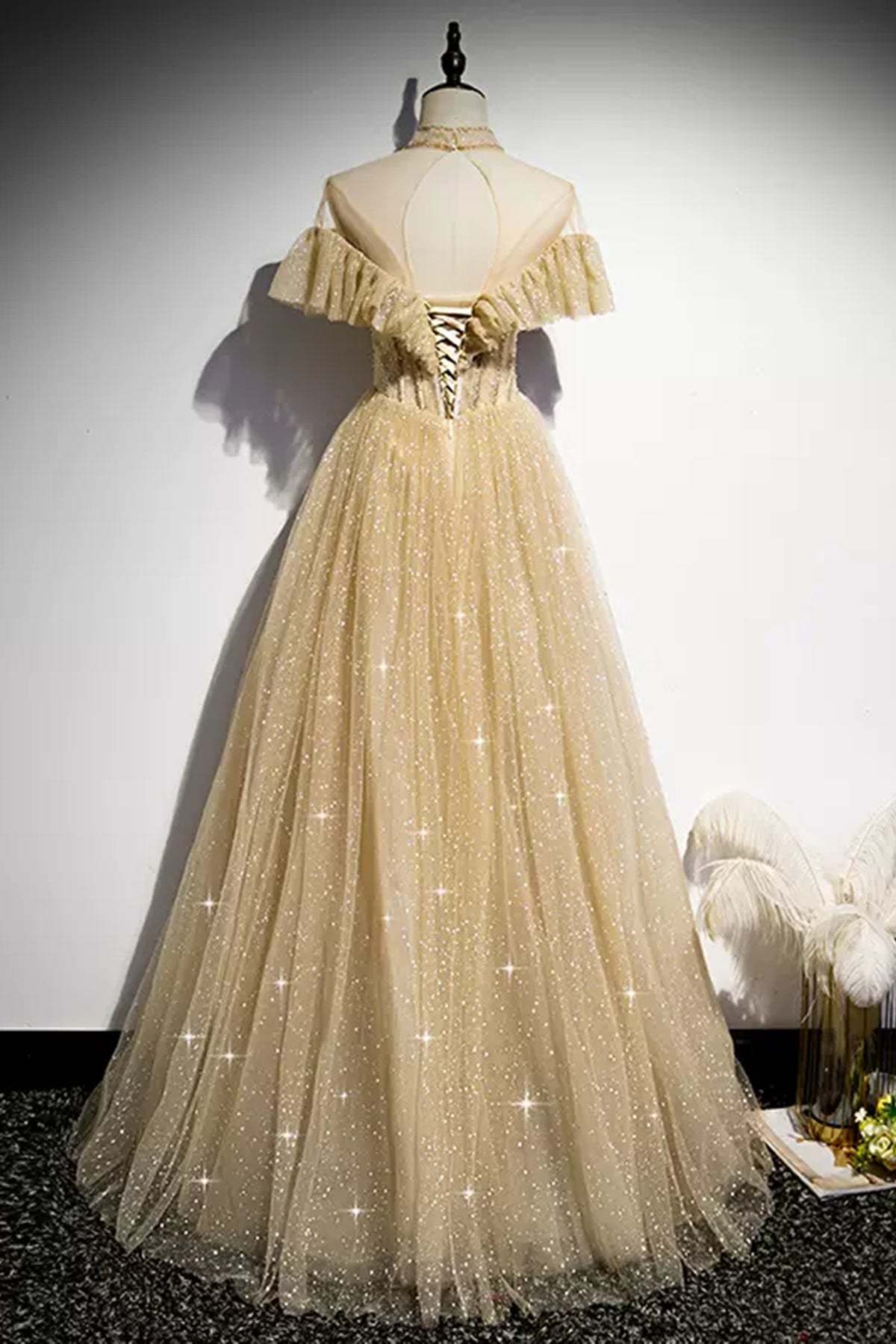 Champagne Shiny Tulle High Neck Long Prom Dresses, Champagne Formal Ev ...