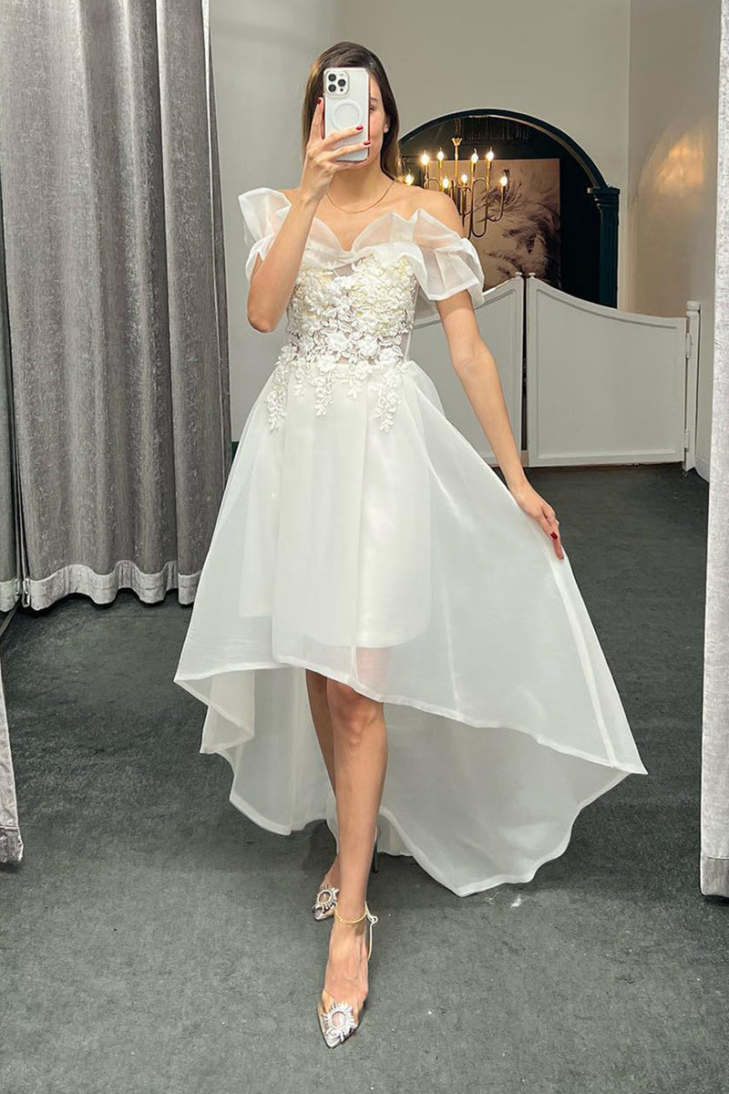 Charming Off Shoulder High Low Pink/White Lace Prom Homecoming Dresses ...