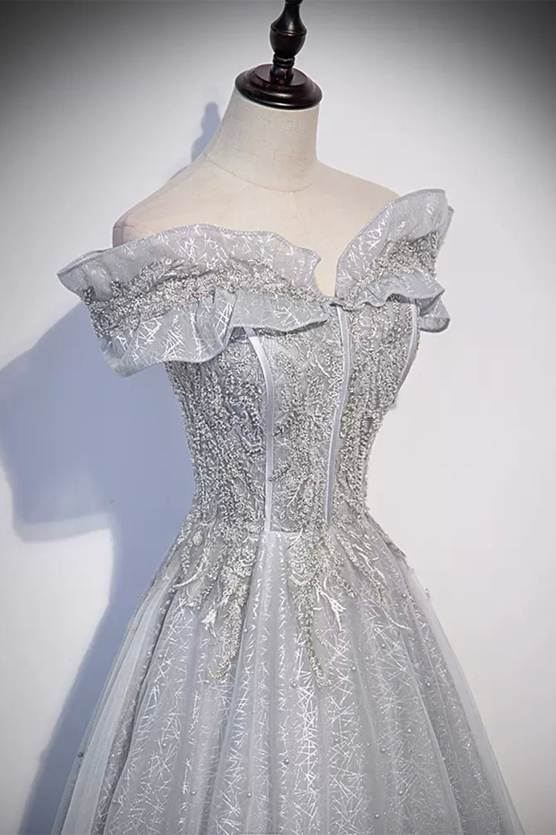Gray Lace Shiny Off the Shoulder Beaded Long Prom Dresses, Beaded Gray ...