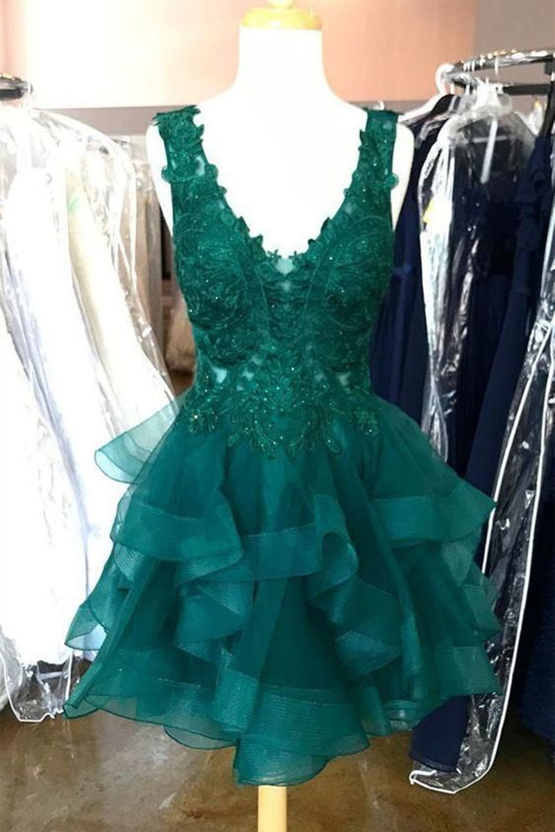 Green Lace V Neck Fluffy Tulle Short Prom Dresses, Green Lace Homecomi ...