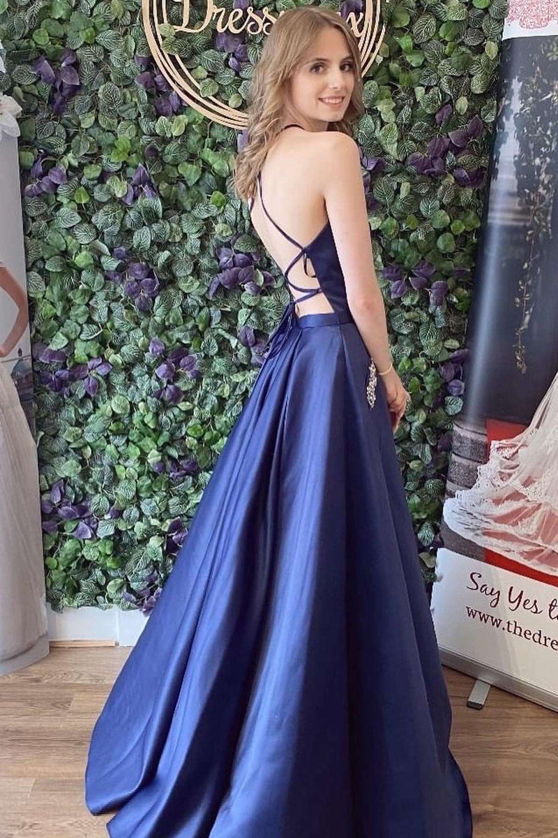 Navy Blue Satin Backless Long Prom Dresses with Pocket, Navy Blue Form ...