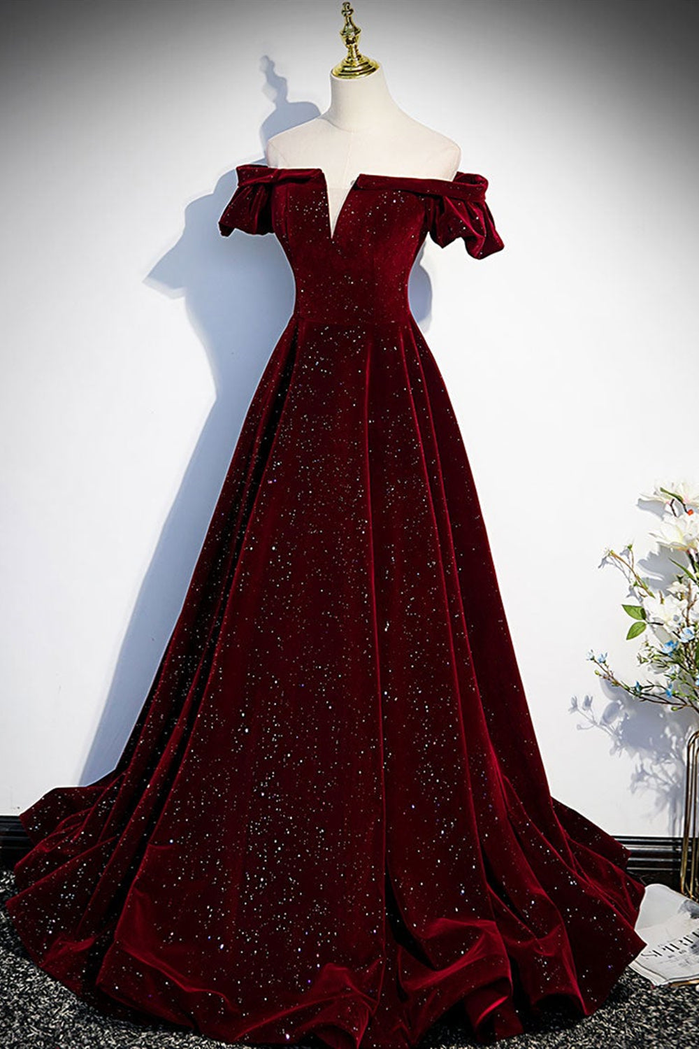 Off Shoulder Burgundy Velvet Long Prom Dresses Sequins Burgundy Velve